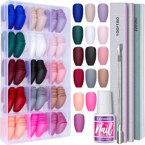 LEOBRO Fake Nails Pack - Medium Length 15 Pack with Nail Glue | The ...